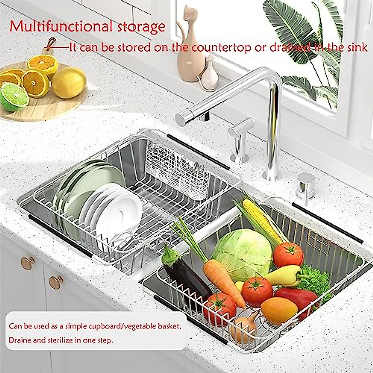 NiuYichee Dish Drying Rack in Sink, Expandable Stainless Steel Dish Drainer Rack Organizer Over Sink Counter, with Stainless Steel Utensil Racks, Fit 14.2" to 19.5" Sinks (Large)