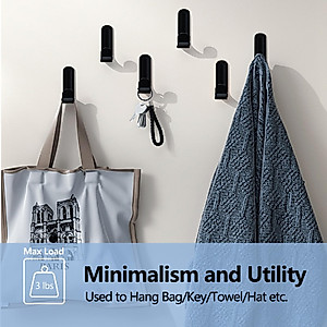 DueHoppee 12 Pack Plastic Adhesive Hooks,Damage Free Hooks Holder,Key Holder,Cute Simple Hooks,Black Decorative Wall Hooks for Hanging Hat Cup Glass Headset Towel(J-Shaped)