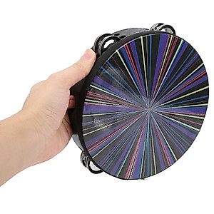 Hand Tambourine, 8 inch Polyester Drum Skin Solid Wood Materials Double Row Percussion Percussion Music Instruments for Kids Adults Church Party(Colorful Rays)