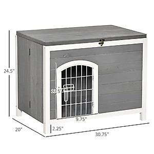 PawHut Foldable Wooden Dog House Raised Puppy Cage Kennel Cat Shelter for Indoor & Outdoor w/Lockable Door Openable Roof Removable Bottom for Small and Medium Pets Grey