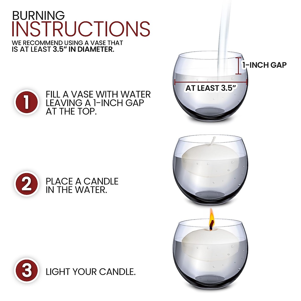 24 Count 3" Inch Floating Candles Bulk Set with 10 Hour Burn Time, Unscented White Floating Candles for Centerpieces in Cylinder Vases at a Wedding, Party, Pool, or Holiday, Large Floating Candles