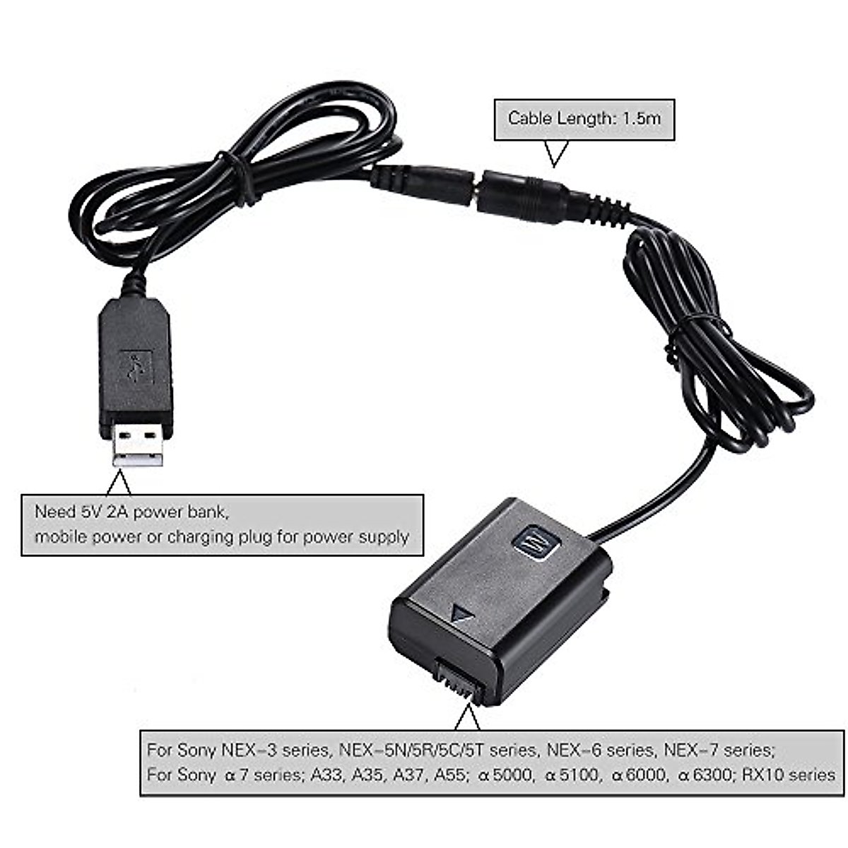 NP-FW50 Dummy Battery with DC Power Bank USB Adapter Cable Replacement for AC-PW20 Compatible with Sony NEX-3/5/6/7 Series A33 A37 A35 A55 a7 a7R a7II A6000 A6300