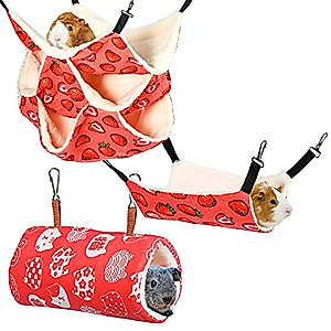 3 Pieces Small Pet Hammock Tunnel Ferret Hammock Hamster Nest Bed Glider Guinea Pig Ferret Hammock Set for Small Pets (Strawberry)