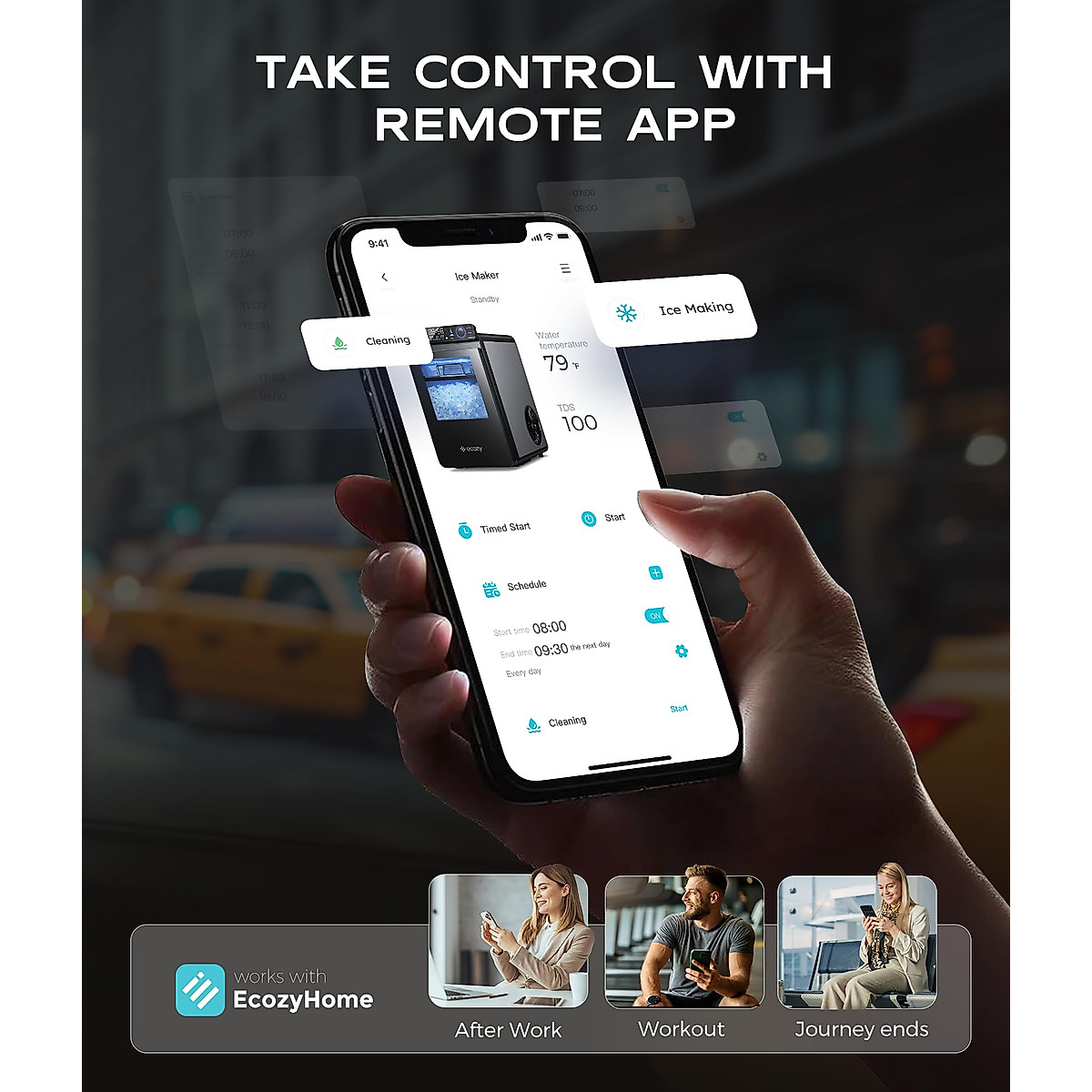 ecozy Smart Nugget Ice Maker Countertop, First Full-Color Smart Panel Ice Machine with APP Control, Double-Layer Insulation, 44 lbs/24H Soft Pellet Chewable Ice, Pull-Out Water Tank, Self-Cleaning