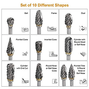 TianTac Tungsten Carbide Rotary Burr Set 10pcs, Carving Burr Bits, with 3mm Shank 6mm Bit for Wood & Stone Carving, Steel Metal Working