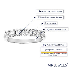 Vir Jewels 1 cttw Diamond Wedding Band 14K White Gold 7 Stones Prong Set Round Bridal Ring Size 7