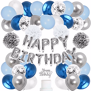 Baby Blue and Silver Birthday Decorations Light Blue White Silver Birthday Party Decorations Blue Balloon Garland Kit with Silver Happy Birthday Balloon Banner Cake Topper for Boys Girls