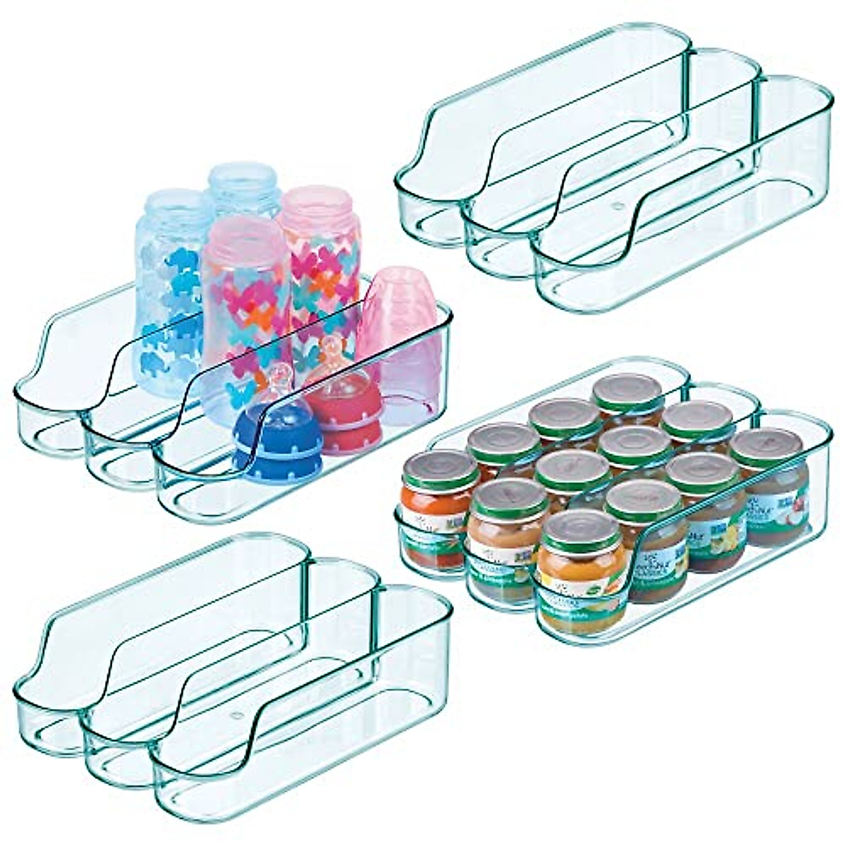 mDesign Plastic Kitchen Storage Divided Bin for Child/Kids Supplies - 3 Compartments to Organize Baby Food Jars, Pouches, Bottles, Sippy Cups, Cans, Pacifiers, Shampoo - 4 Pack - Blue Tint