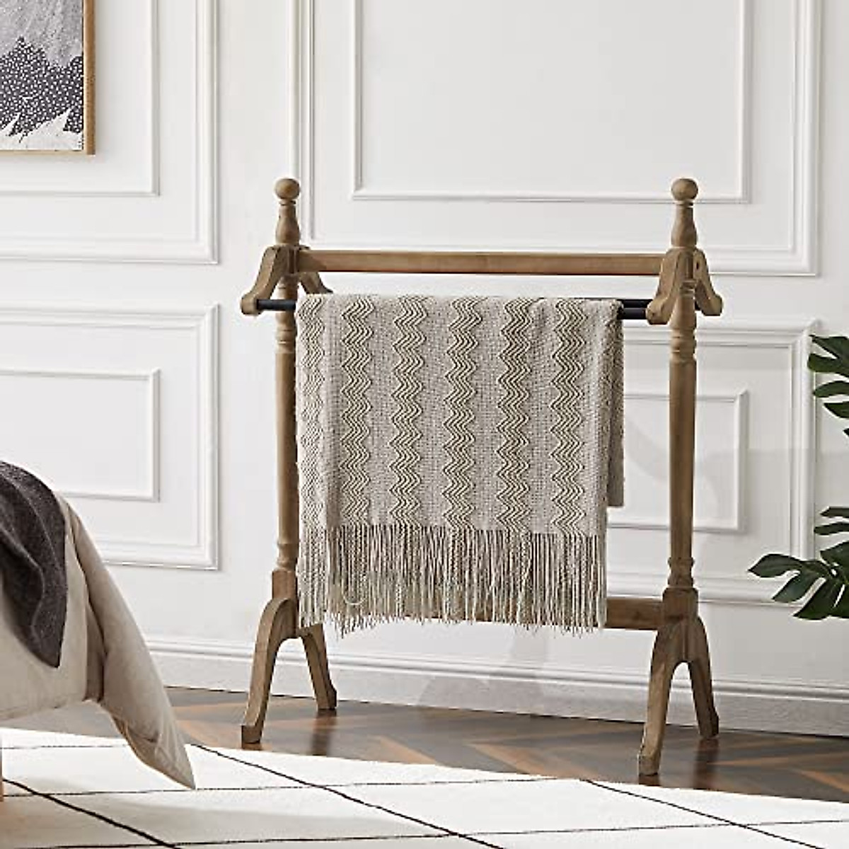 eodme 2 Ties Freestanding Towel Rack, Farmhouse Wood Blanket Rack Stand, Rustic Drying and Display Rack for Bathroom, Living Room