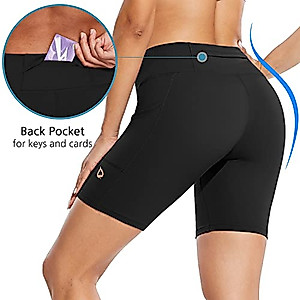 BALEAF Women's 7" Long Compression Running Shorts High Waisted Yoga Biker Shorts with 3 Pockets Black S