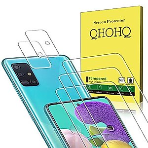 QHOHQ 3 Pack Screen Protector for Samsung Galaxy A51 4G ＆ 5G ＆ 5G UW with 2 Packs Camera Lens Protector, Tempered Glass Film, 9H Hardness, HD, 2.5D Edge, Anti-Fingerprint, Anti-Scratch
