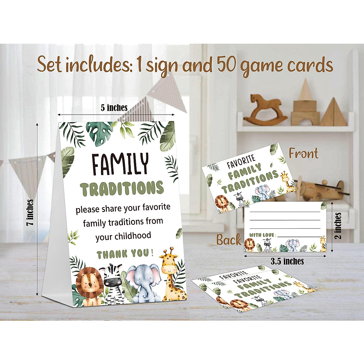 Baby Shower Games Family Traditions Sign, 1 Standing Sign and 50 Cards, Safari Jungle Wild Animal Gender Neutral Decoration, Gender Reveal Party, Bridal Shower Favor Supplies-LT50