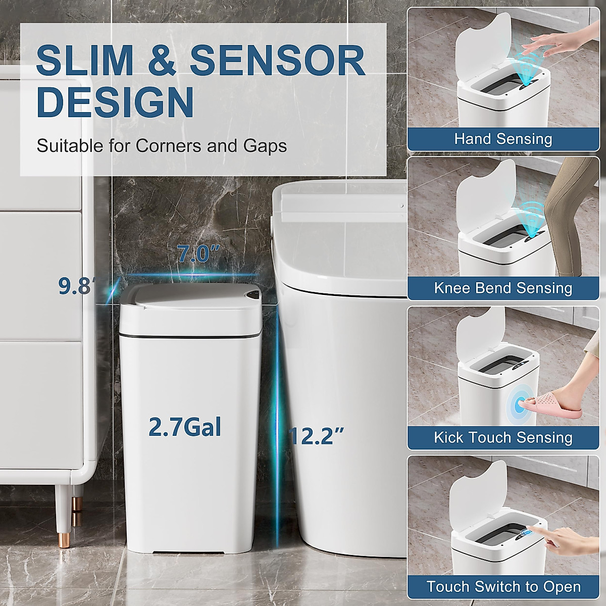 Vanpopubs 2 Pack 2.7 Gal Bathroom Trash Can with Lid, Automatic Trash Can Small Smart Garbage Can Touchless, Slim Motion Sensor Waterproof Plastic Trash Bins for Bedroom Office Kitchen Toilet