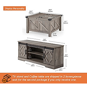 WAMPAT Farmhouse Sliding Barn Door TV Stand and Coffee Table Set of 2,Modern Storage Entertainment Center for TVs Up to 65'', Square Wood Center Table with Gas Struts Lift-Top for Living Room,Grey