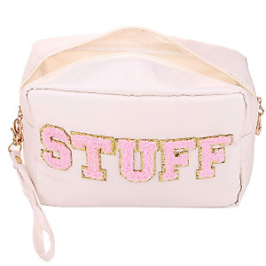 oaesc Nylon Cosmetic Bag Chenille Letter Patches Waterproof Travel Pouch Snack Makeup with Wrist Strap for Women (Beige-STUFF)
