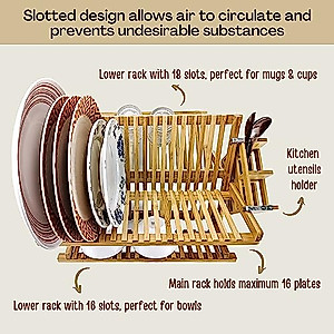 Collapsible Bamboo Dish Drying Rack with Utensil Holder - Convenient Kitchen Storage Solution for Dish Drainer and Messy Countertops