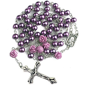 Nazareth Store Catholic Purple Pearl Beads Rosary Necklace Our Rose Lourdes Medal & Cross NS