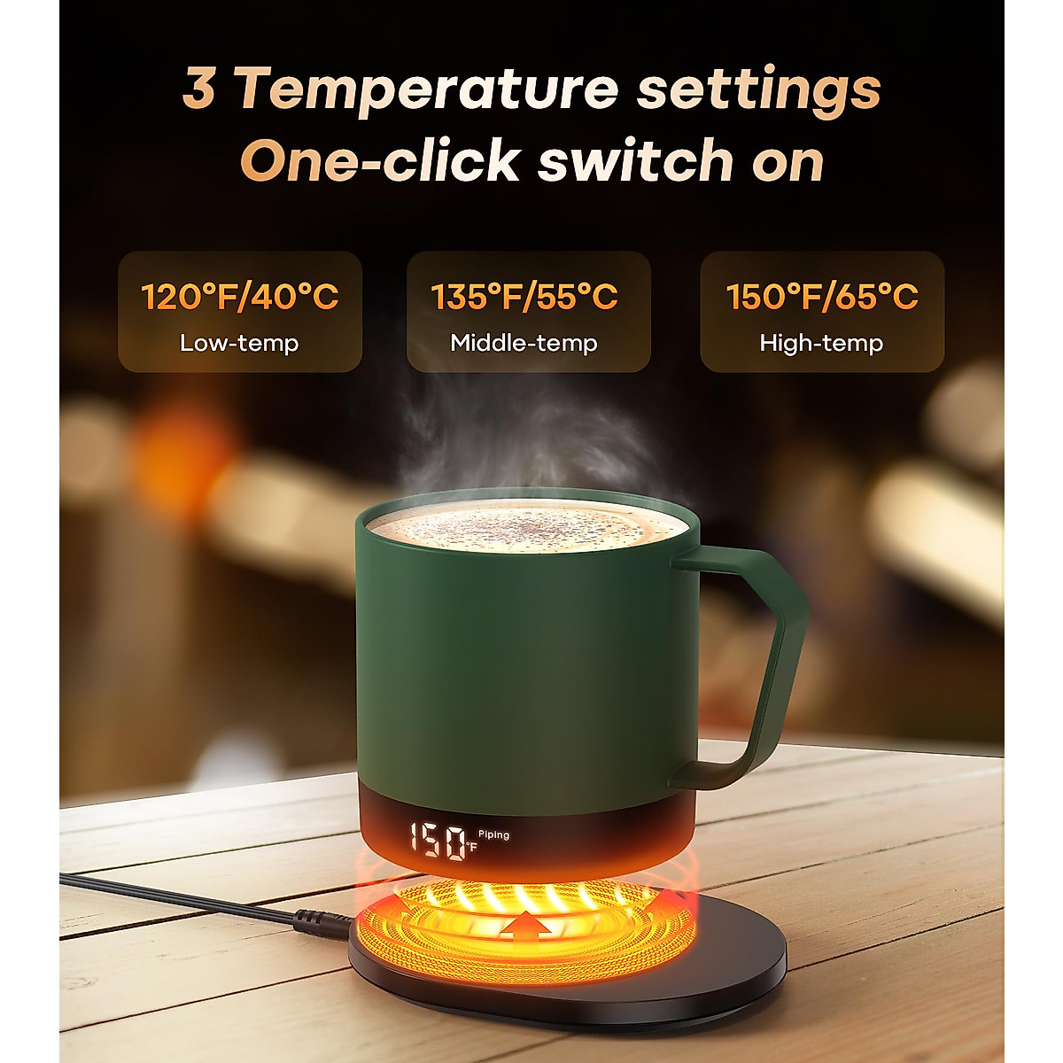 buuo Self Heating Coffee Mug, 14 Oz Temperature Control Smart Mug, double sided & Real-Time LED display, Fast Heating, mug warmer with 120 Min Battery Life, Birthday Gifts for Women and Men(Green)