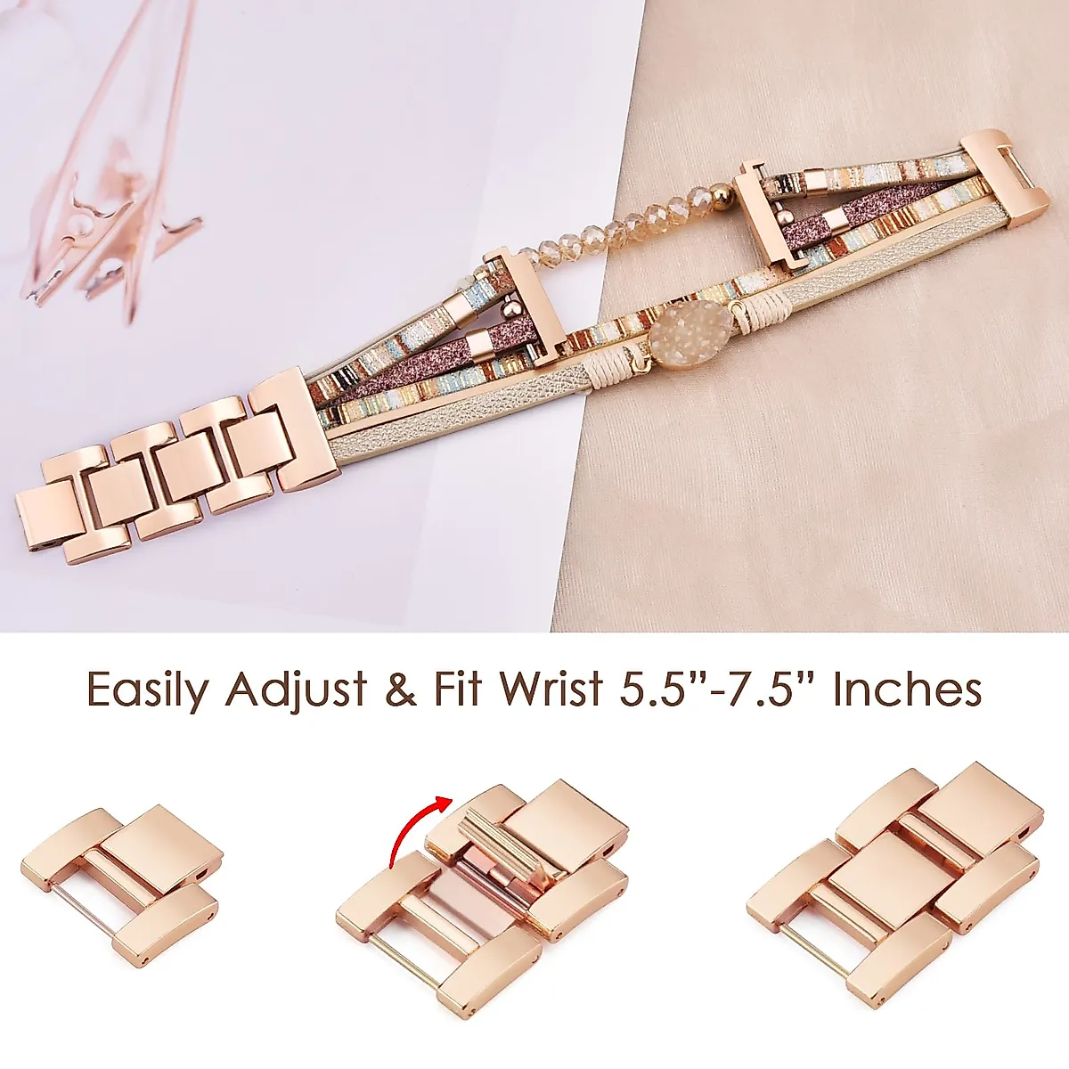 VISOOM Beaded Boho Bracelet for Samsung Galaxy Watch 5/6/4/3/Active2/Watch 6/4 Classic Bands Women, 20mm Leather Fashion Watch Bands for Watch 5 Pro Cute Multilayer Wrap Samsung Galaxy Watch Bands