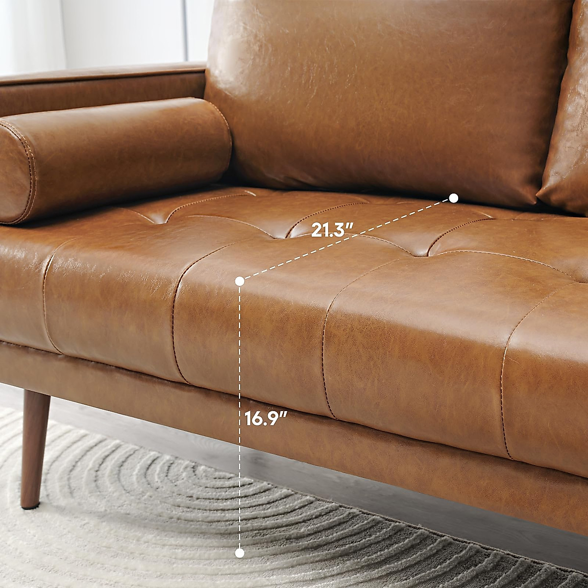 Vonanda Nora 73" Couch and 56" loveseat, Mid-Century Modern Faux Leather 2-Piece Sofa Couches with Comfort Waffle Cushion and Bolster Pillows for Small Apartment, Cognac Tan