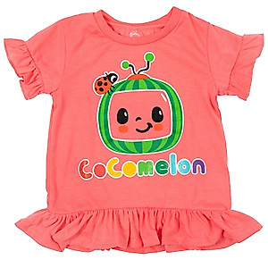 CoComelon JJ Yoyo Tomtom Infant Baby Girls Peplum T-Shirt and Bike Shorts Outfit Set Pink 12 Months