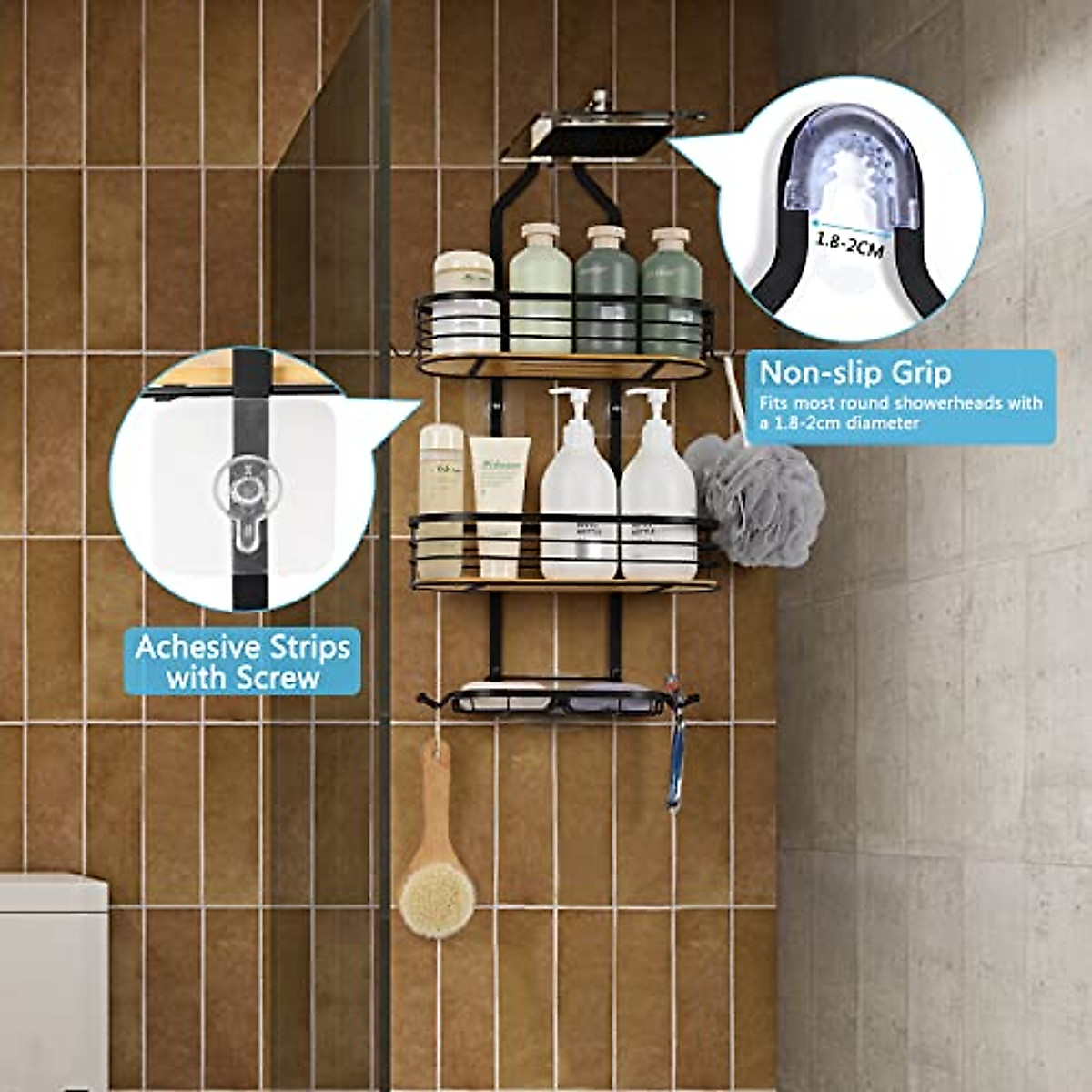 Fogein Shower Caddy Over Shower Head, Hanging Shower Caddy, Shower Basket with Suction Cup, Bathroom Shower Caddy Over The Door with Bamboo Board Hook & Soap Box, No Drilling(3 Tier, Black)