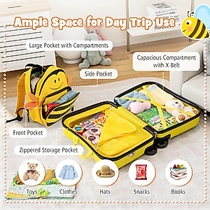 Goplus 2 PCS Kid Luggage, 18” Ride on Suitcase W/Spinner Wheels, 12” Backpack W/Anti-Lost Rope, Carry Strap, Sit on Rolling Carry on Luggage Set for Girls Boys Travel (Yellow Bee)