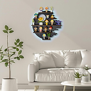 FNYDOX Large 17.7" LED Wooden Circle Floating Shelves for Wall, Figures Minifigures Figurine Display Shelf Wall Mount, Wood Wall Hanging Shelf for Collection Collectibles, for Bedroom Living Room