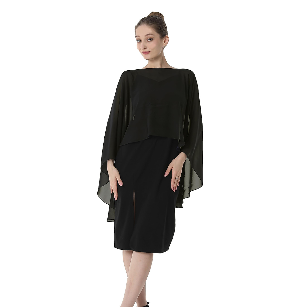 Baoqiya Chiffon Capes Sheer Capelets Bridal Shawls And Wraps Cape Long Plus Size Poncho Cape For Women (Black)