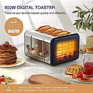 JOY Kitchen Digital Countertop Extra Wide 4-Slice Toaster, 6 Browning Levels with Bagel, Defrost Settings, Countdown Timer, Removable Crumb Tray & Cord Storage, Stainless Steel with Rose Gold Accents