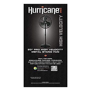 Hurricane Stand Fan - 20 Inch, Pro Series, High Velocity, Heavy Duty Metal For Industrial, Commercial, Residential, & Greenhouse Use - ETL Listed, Black