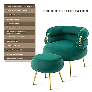 Hdxdkog Velvet Accent Chair with Ottoman Set, Modern Upholstered Armchair Tufted Chair with Footstool, Single Sofa Chair with Metal Legs for Living Room, Apartment, Bedroom(Green-Chair and Ottoman)