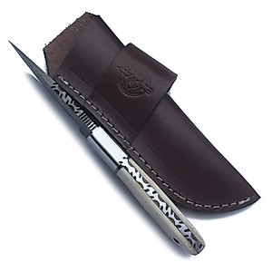 WolfKlinge Handmade Damascus Steel Knife Fixed Blade for Fishing,Hunting,Camping,Bushcrafting and Survival with Full Tang Camel Bone Handle and Cowhide Leather Sheath - DCX17-7