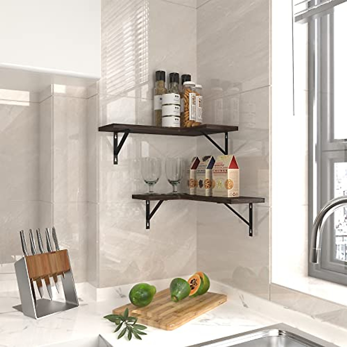 Corner Floating Shelves Set of 4, Rustic Corner Shelf Wall Mounted Organizer Displays Storage Rack, Wood Wall Shelf for Bedroom Kitchen Living Room Bathroom Office