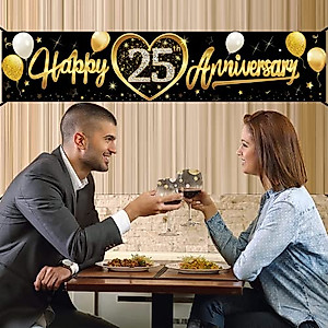Kauayurk Happy 25th Wedding Anniversary Banner Decorations, Black Gold 25th Anniversary Sign Party Supplies, 25th Wedding Anniversary Decor Photo Booth for Outdoor Indoor