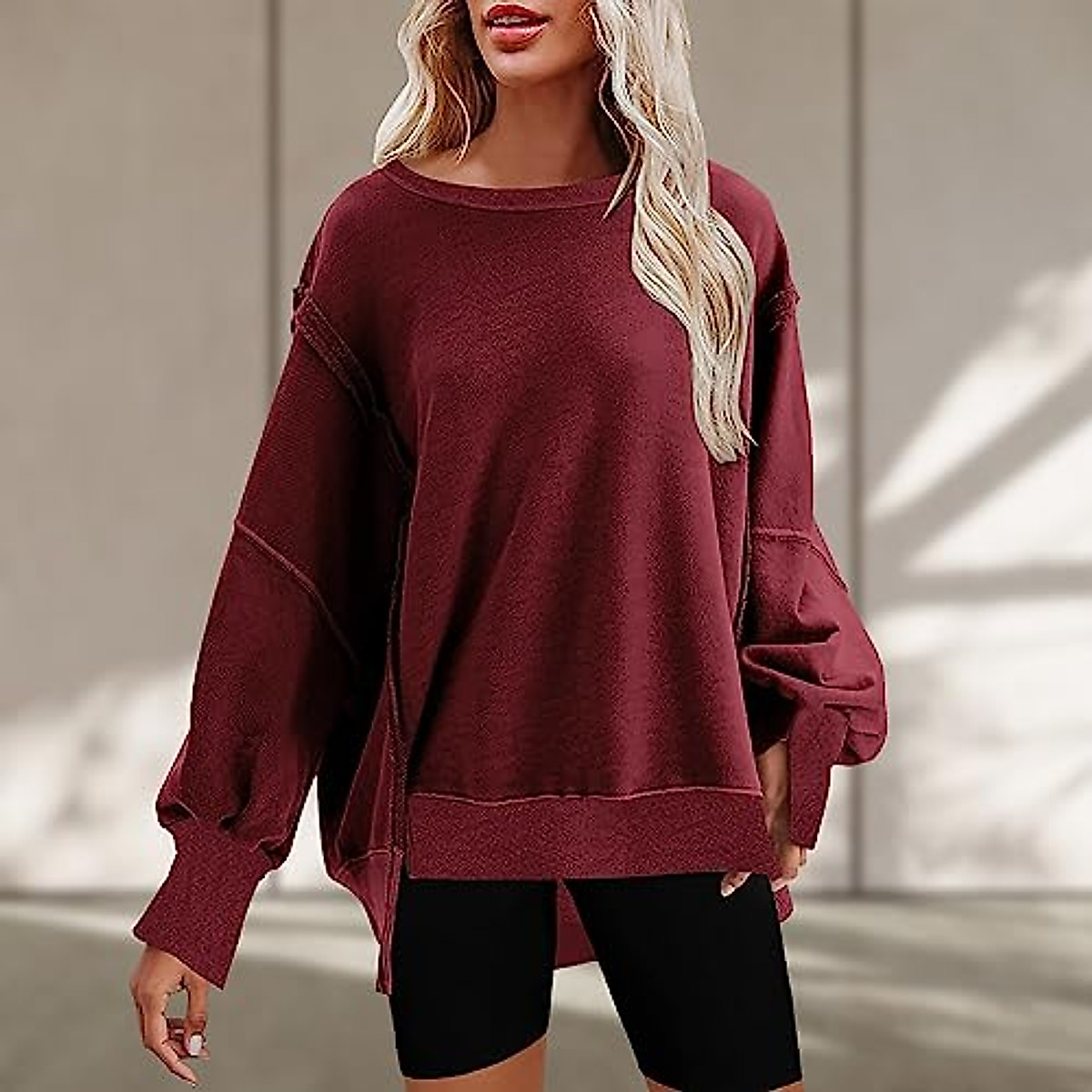 Ceboyel Women Oversized Sweatshirts Loose Fit Corded Sweatshirt Hoodie Crewneck Tunic Pullover Trendy Fall Clothes 2023 Today'S Deals Wine Xl