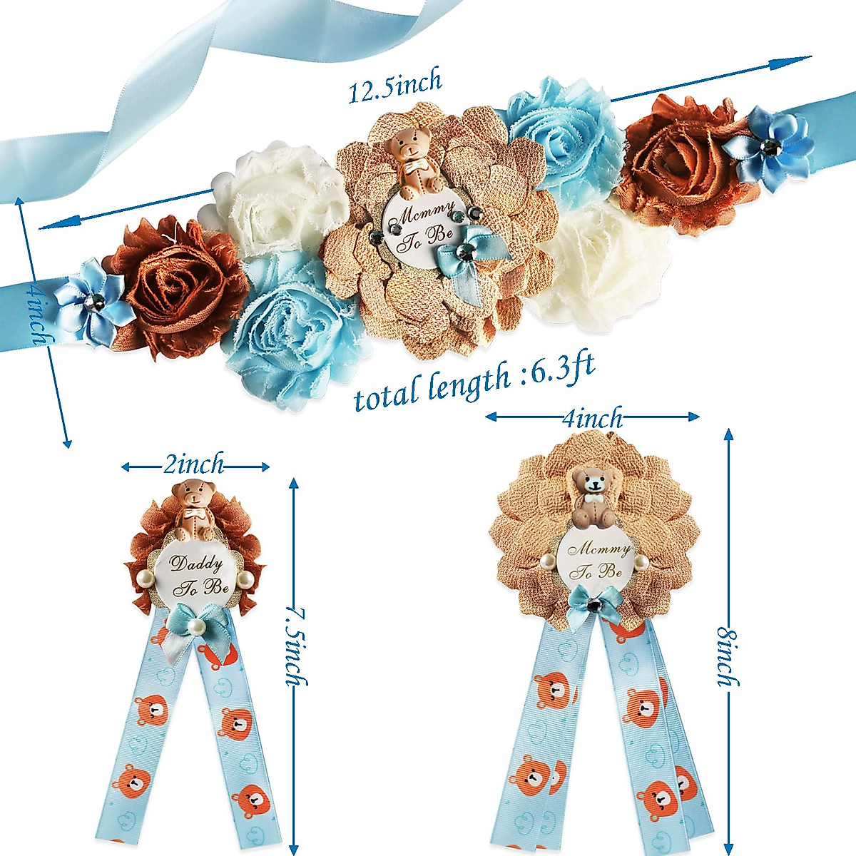 Hombae Blue Teddy Bear Maternity Sash Belt for Baby Shower Mommy To Be & Daddy To Be Badge Corsage Pin Set for Teddy Bear Baby Shower Decorations Supplies
