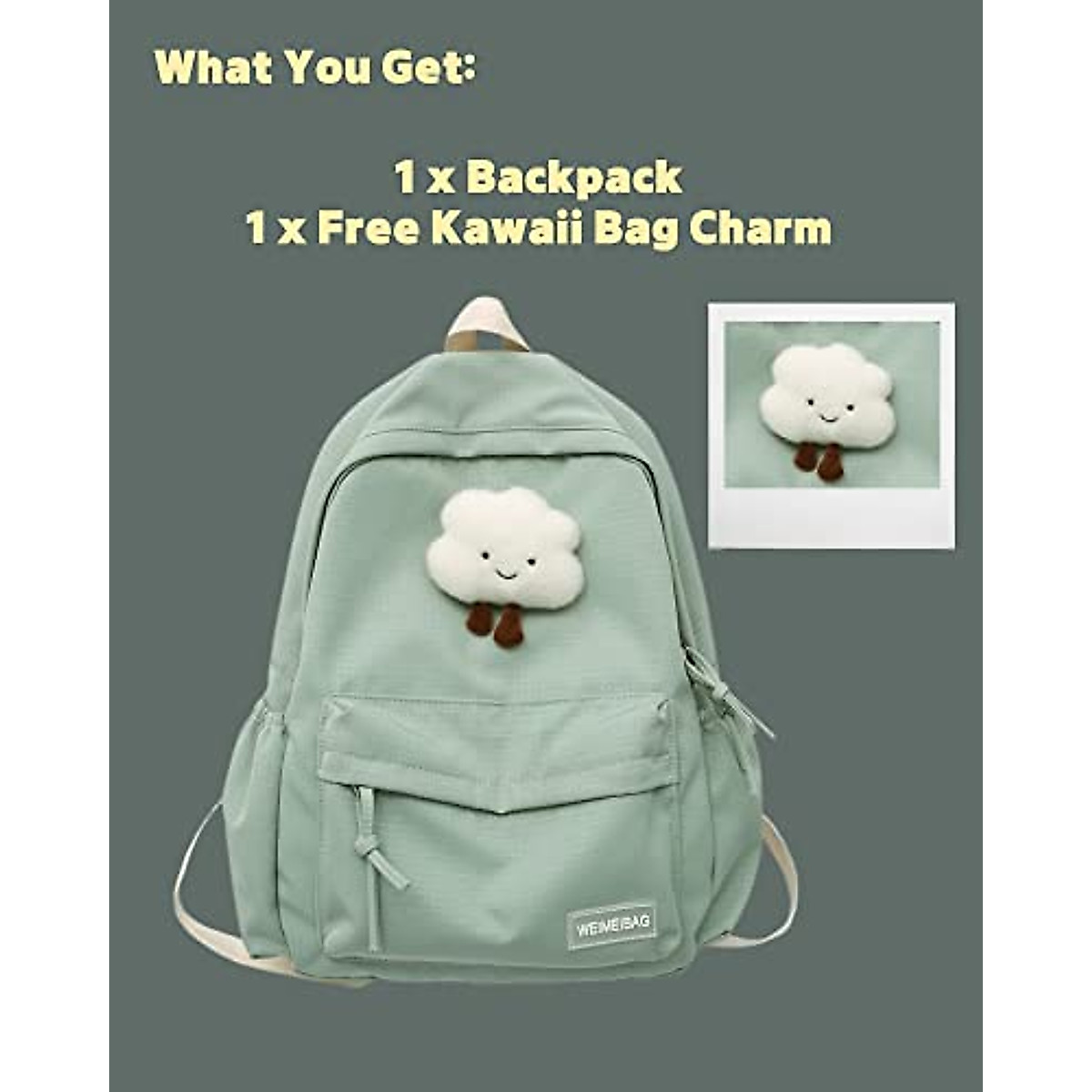 Aesthetic Backpack with Kawaii Cloud Pendant, Large Capacity Rucksack, Sturdy and Durable, Back to School Essential. (Matcha Green)