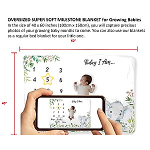 Baby Milestone Blanket, 60"x40", Baby Month Blanket for Unisex Babys, First Year Calendar Monthly Growth Chart, (Light Gray Elephant)
