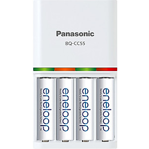 Eneloop Panasonic BK-3MCA24/CA AA 2100 Cycle Ni-MH Batteries 24 Pack & Panasonic K-KJ55MCA4BA Advanced Individual Battery 3 Hour Quick Charger with 4 AA Rechargeable Batteries, White
