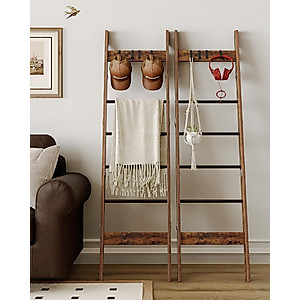 Hzuaneri Blanket Ladder Shelf for Living Room, Decorative Quilt Rack with 4 Removable Hooks, 6-Tier Farmhouse Ladder Holder Organizer for Bedroom, Rustic Brown BR31501B