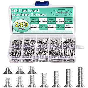 Zmbroll M3 Flat Head Machine Screws,304 Stainless Steel Phillips Countersunk Fasteners Bolts Assortment Kit M3 x 3mm / 4mm / 5mm / 6mm / 8mm / 10mm / 12mm / 14mm / 16mm/ 18mm