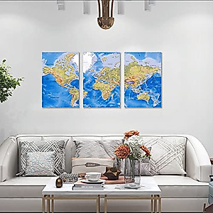 Blue World Map Wall Art Canvas Decor Poster for Office, Living Room, Home Bedroom Decoration 16"x24"x3 Pcs Framed