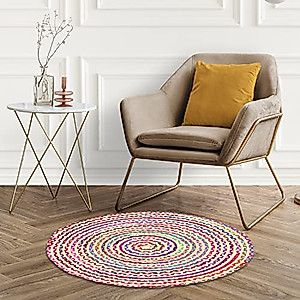 INDIAN ARTISTIC Jute Cotton Multi Chindi Round Rag Rug 3X3' | Hand Woven Rug & Reversible Rug | Cotton Rag Rug | Handmade Multicolored Reversible Braided Rag Rug | Runner Rugs (Round Shape)