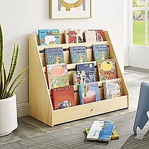 Pinewood Single-Sided Bookcase Display Stand for Kid Kids Storage Bookshelf with 4 Shelves Book Rack Natural Farmhouse Pine Finish Includes Hardware