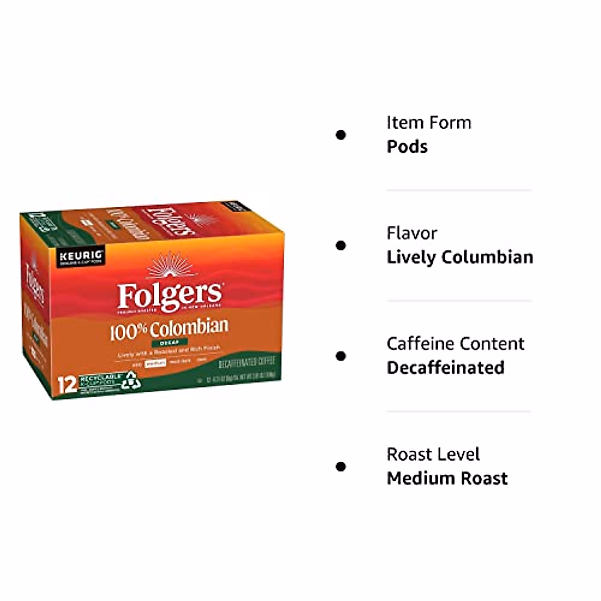 Folgers Colombian Decaf Medium Roast Coffee, 12 Keurig K-Cup Pods