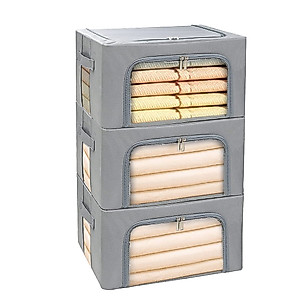 Stackable Clothes Storage Box for Clothing Gadgets,Steel Frame Storage Bins for Toys Gift,Foldable Oxford Fabric Closet Organizer Bag Set with Carry Handles Clear Window (Small- 22L x3 Pack, Grey)