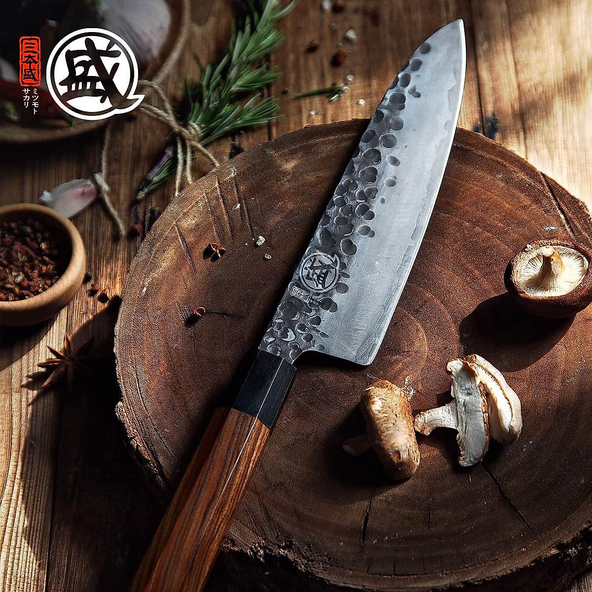 MITSUMOTO SAKARI 8 inch Japanese Gyuto Chef Knife, Professional Hand Forged Kitchen Chef Knife, 3 Layers 9CR18MOV High Carbon Meat Sushi Knife (Rosewood Handle & Gift Box)