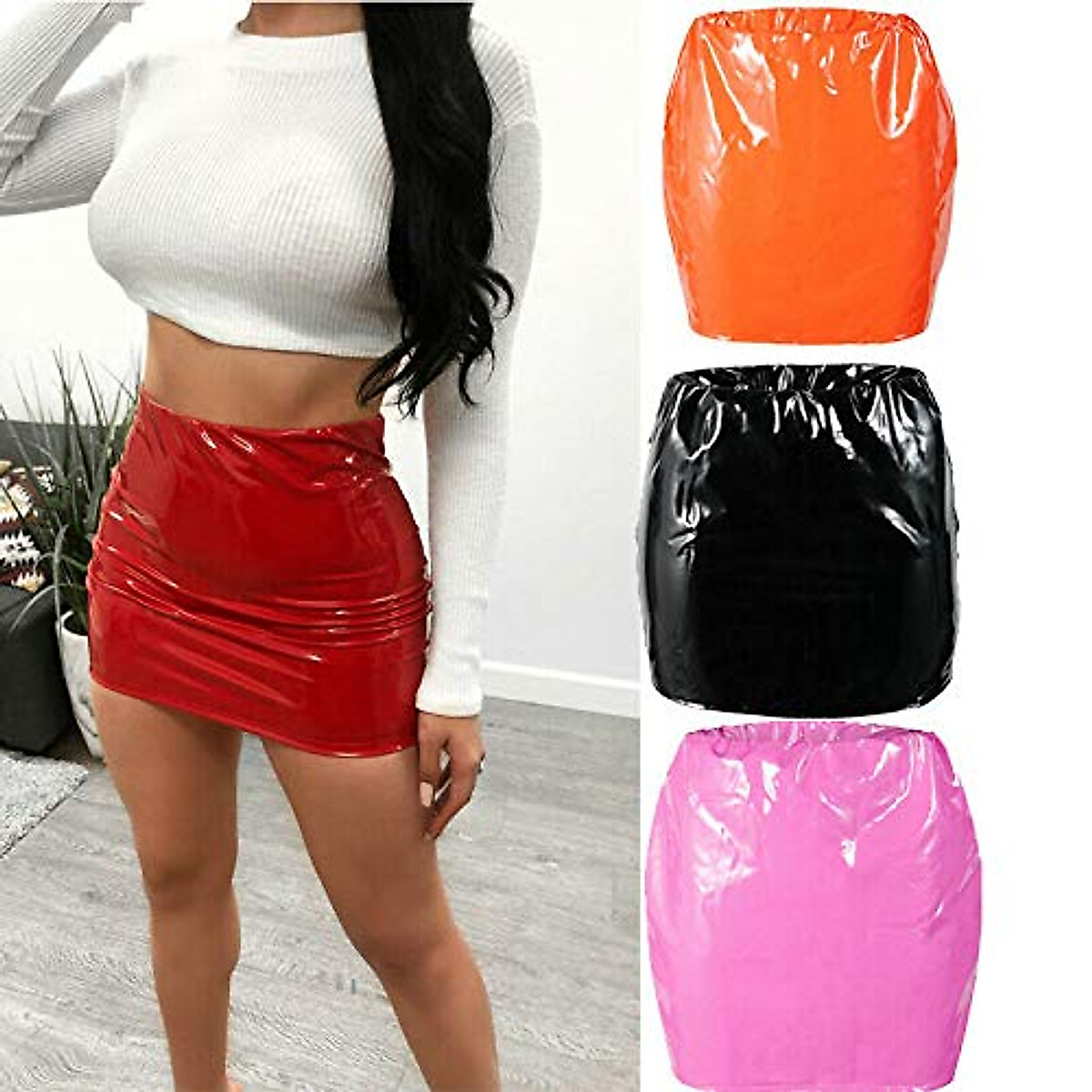 Women Bright Sexy Skirt Pu Faux Leather Bodycon Slim Mini Skirt Evening Party Club Wear Pencil Skirt (Red, S)