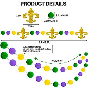 3 Pieces Mardi Gras Garland Wool Felt Ball Pom Pom Garland Ornaments Gold Purple Green Felt Ball Banner Hanging Decorations for Mardi Gras, Wedding, Party Supplies, Home Decor